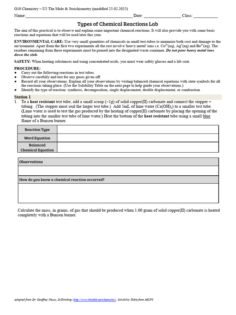 Types of Chemical Reactions Lab Guide | PDF | Chemical Reactions | Salt ...