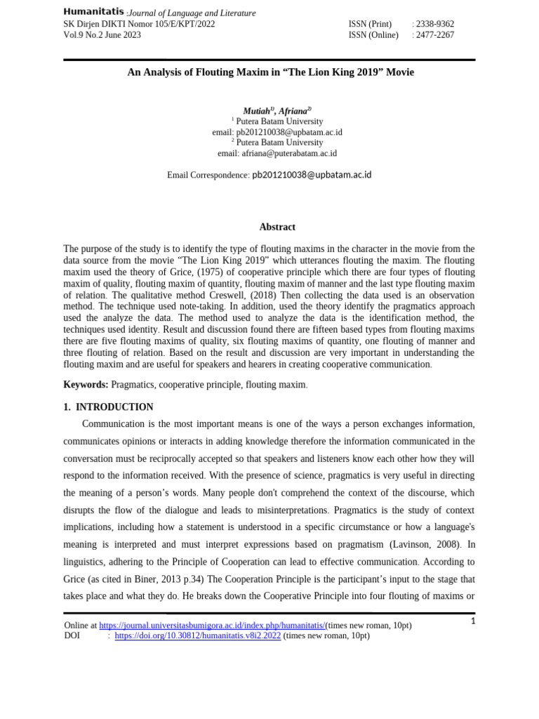 Mutiah - Journal An Analysis Flouting Maxim | PDF | Communication ...