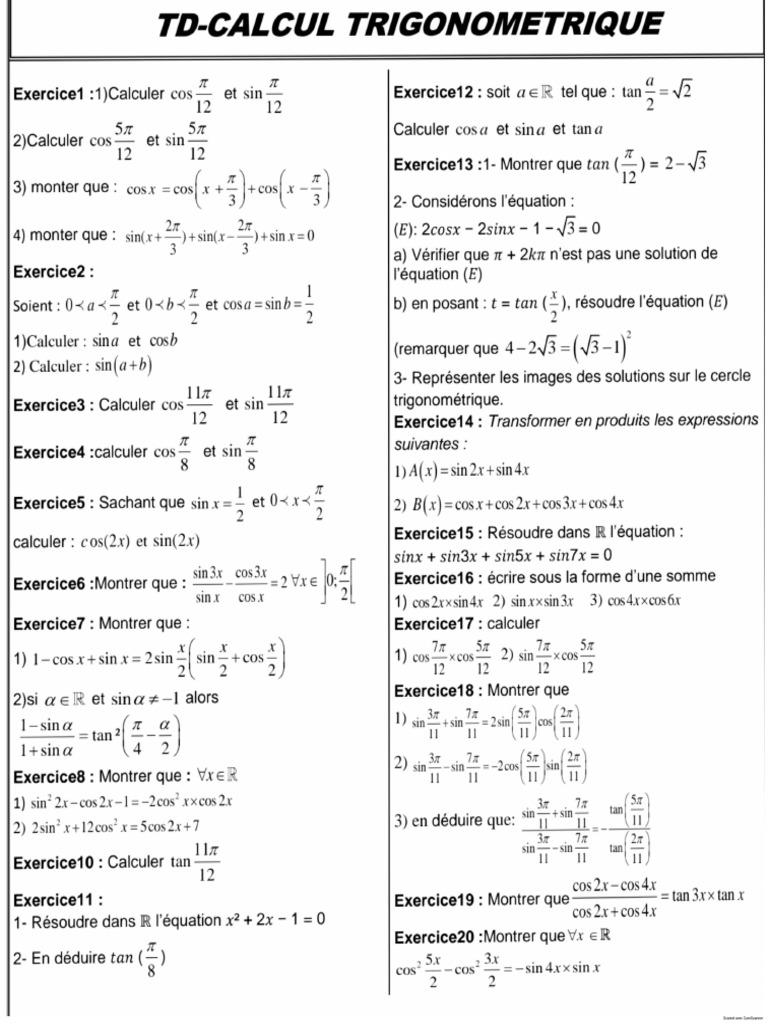 Calcul Trigonometrique Serie D Exercices 1 3 | PDF