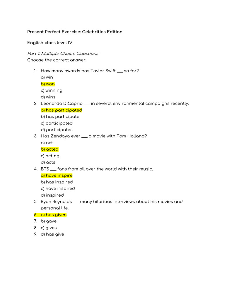 Present Perfect Exercise - Celebrities Edition | PDF
