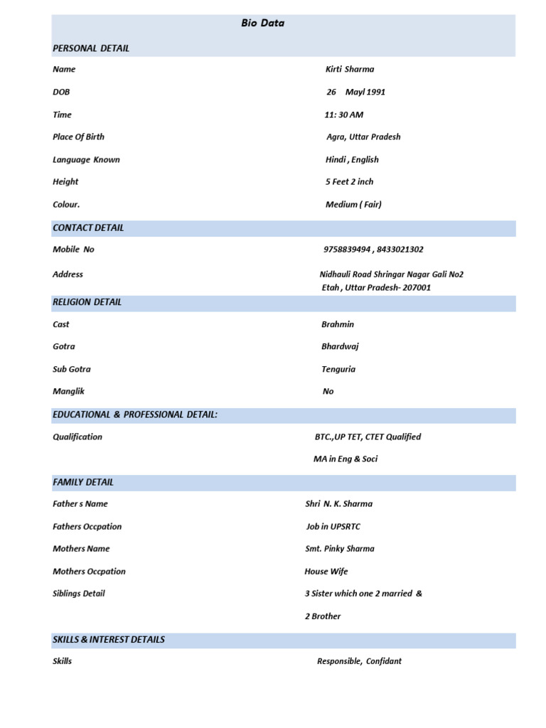 Kirti Bio Data - 220925 - 193404 | PDF