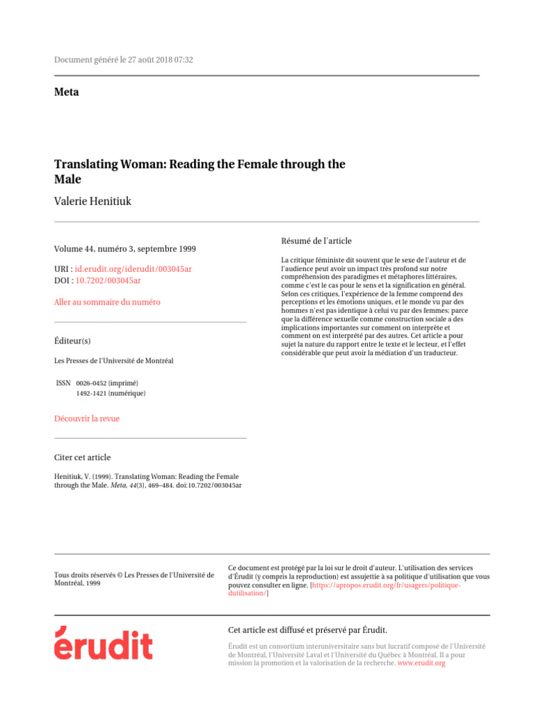 Translating Woman Reading The Female Through The Male | PDF | The Tale ...