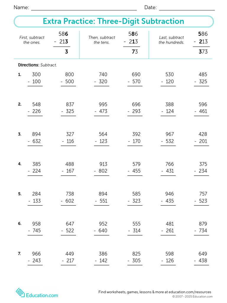 Extra Practice Three Digit Subtraction | PDF