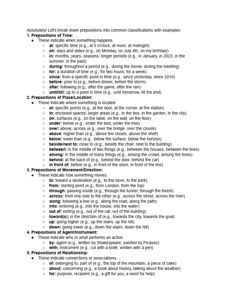 Classification of prepositions with examples | PDF | Linguistics | Grammar