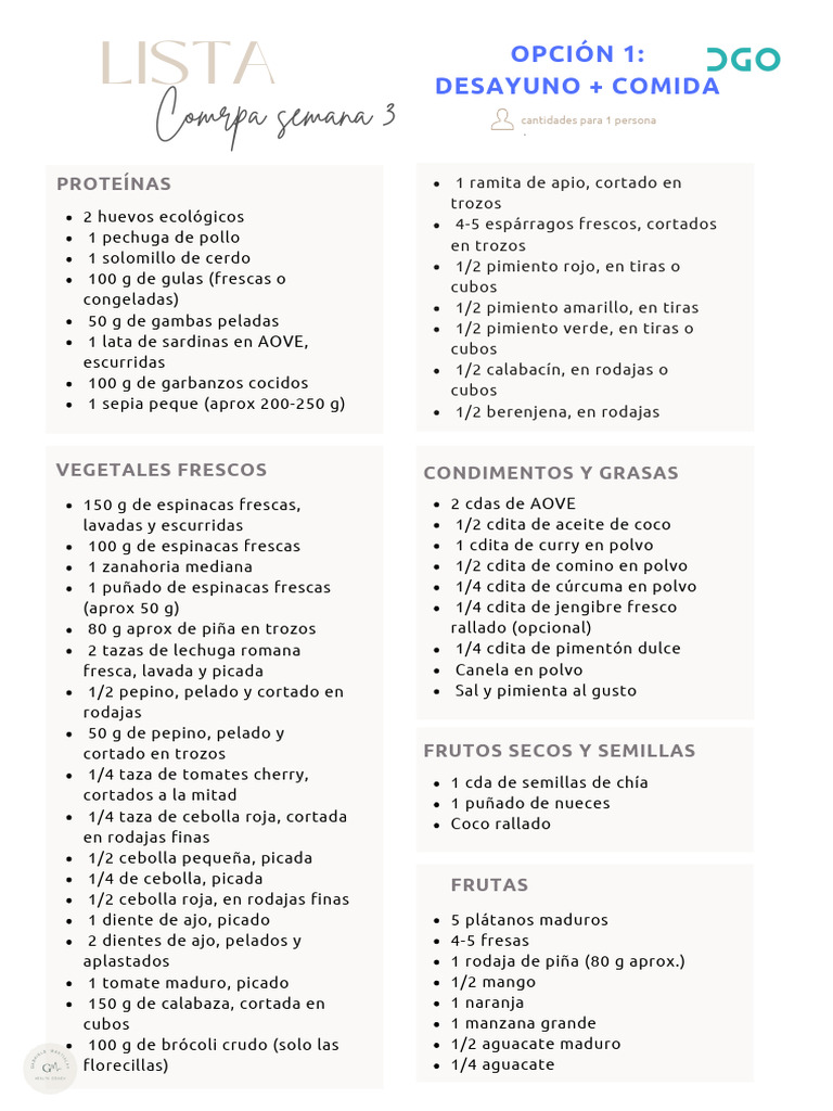 Lista Compra S3 Opcion 1 Desayuno Comida DGO | PDF | Cocina occidental ...