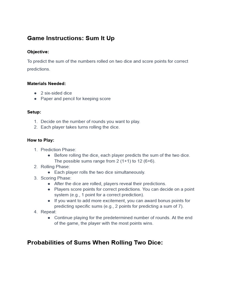 Game Instructions - Sum It Up | PDF