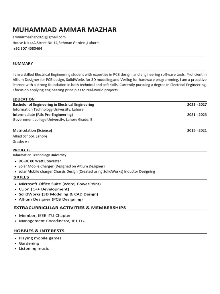 Electrical Engineering Student Profile | PDF