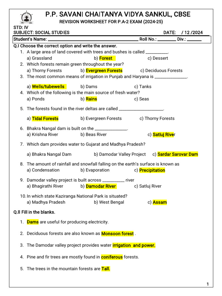 P.A.-2 STD 4TH SST Revision Worksheet Answer Key | PDF | Earth Sciences | Physical Geography