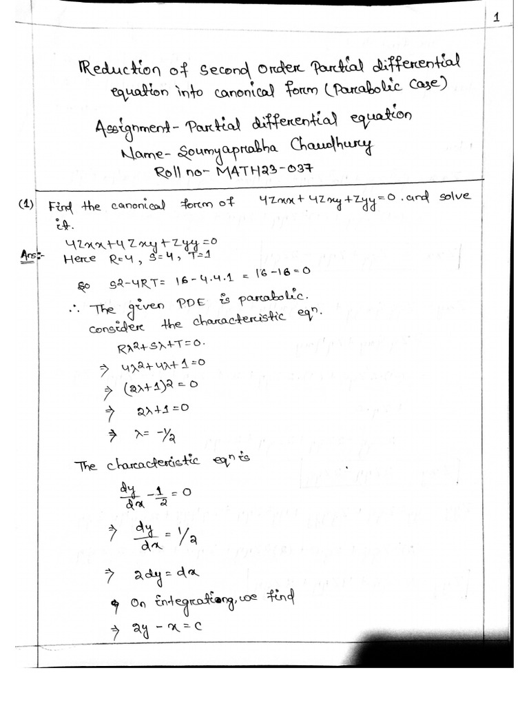 Reduction of second order PDE into canonical form (parabolic) | PDF