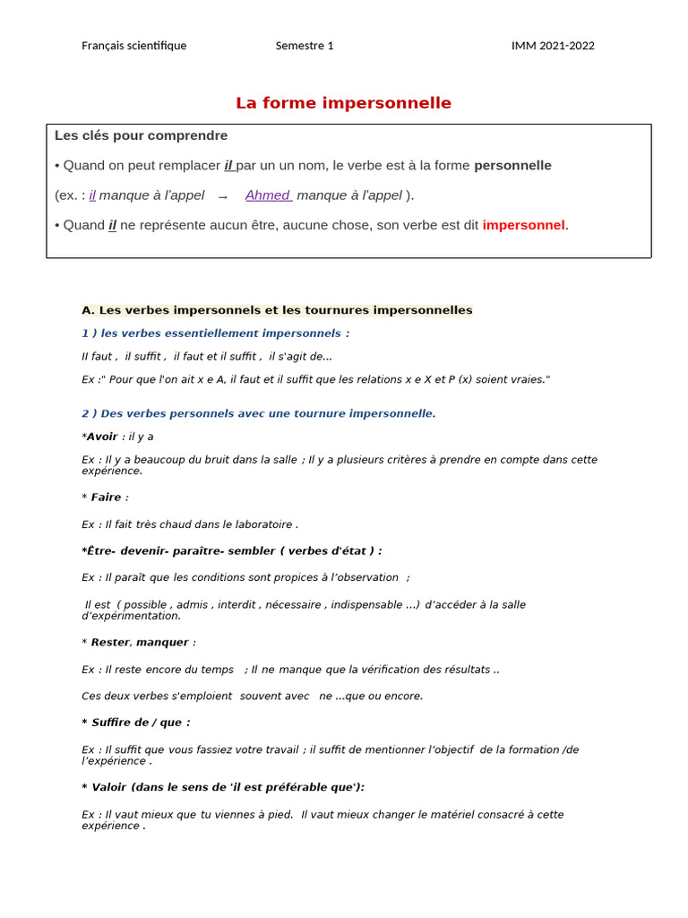1.La-forme-impersonnelle-cours-et-exercices | PDF | Verbe | Linguistique