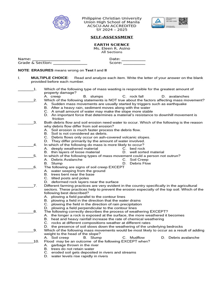 Self Assessment Earth Science 2024 2025 | PDF | Erosion | Flood