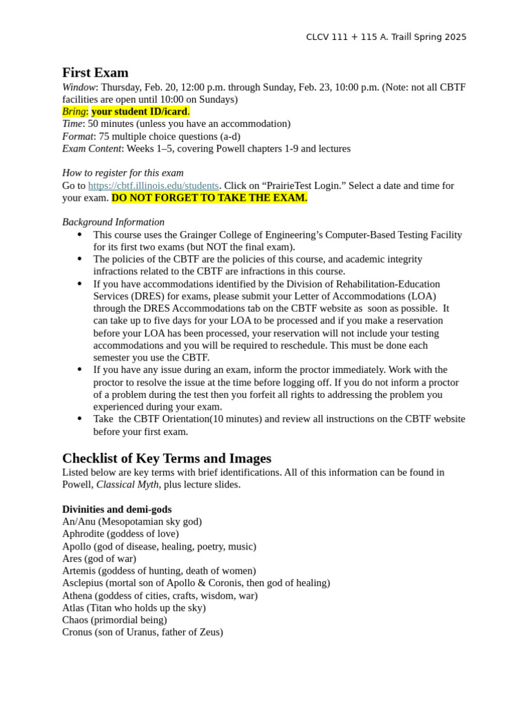 CLCV 111/115 Spring 2025 Exam Guide | PDF | Apollo | Zeus