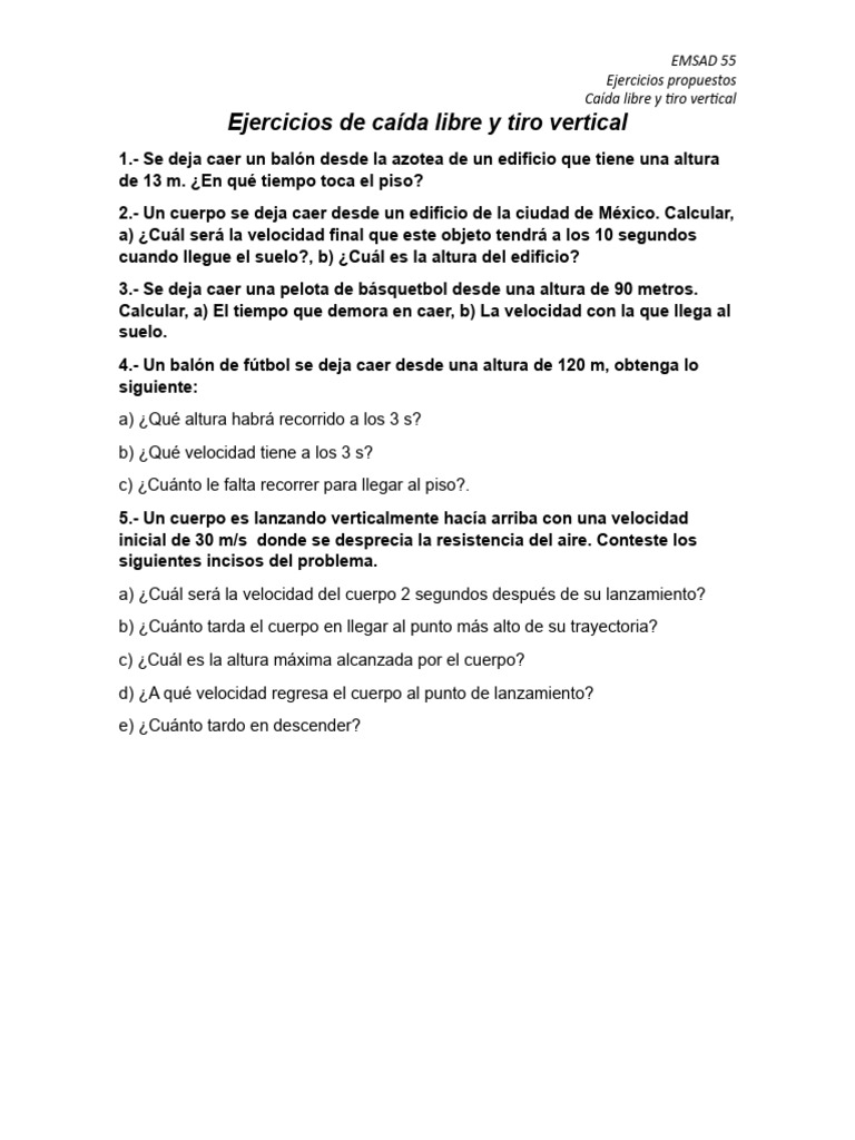 Ejercicios de Caída Libre y Tiro Vertical | PDF