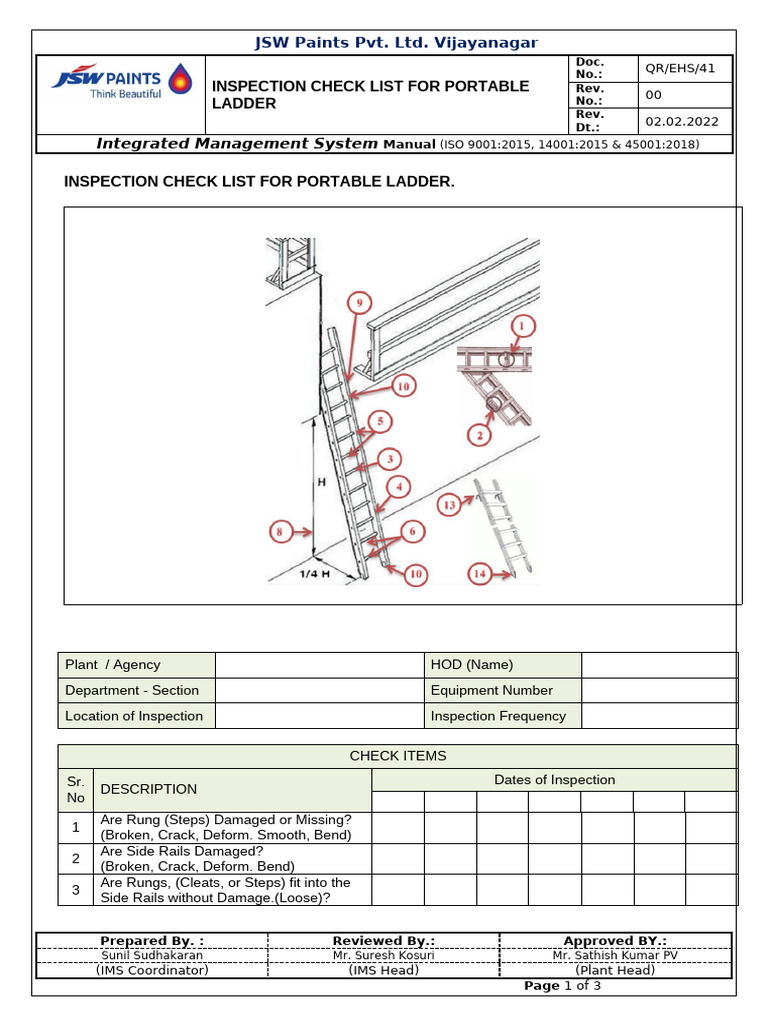 Ladder Inspection Checklist | PDF | Ladder