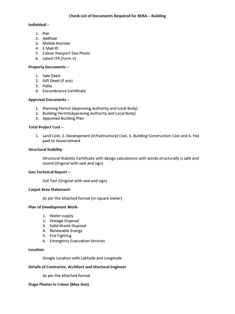 RERA Building Document Checklist | PDF