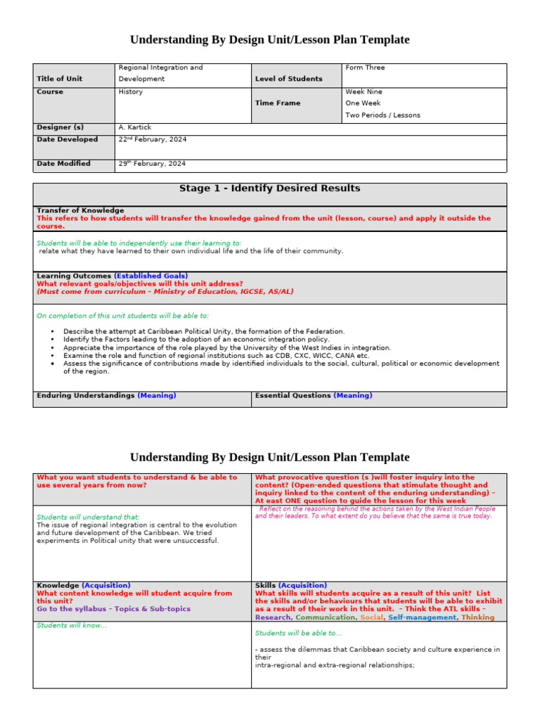 Caribbean Regional Integration Lesson Plan | PDF | Teachers | Lesson Plan