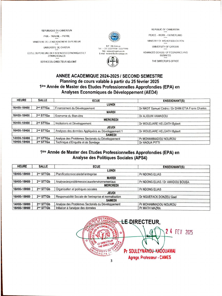 Planning Des Cours Second Semestre 2025 Epa 1 Pdf