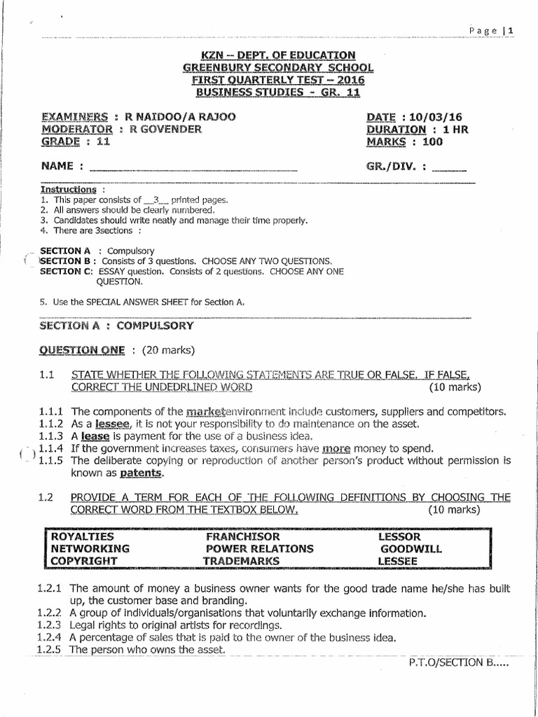 2016 Bus ST March QP Memo | PDF