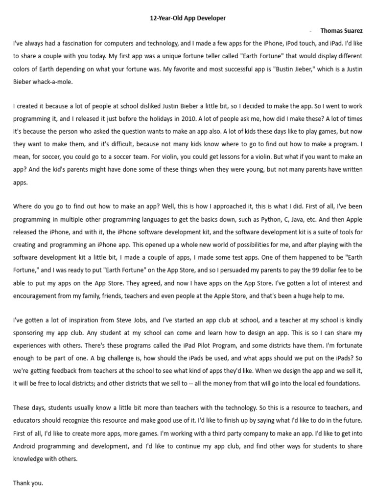 12 Year Old App Developer | PDF | I Pad | I Phone