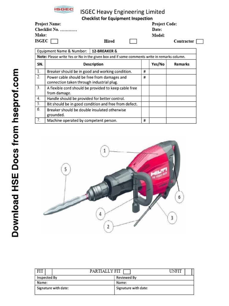 Inspection Checklist of Hilti - Breaker Machine | PDF
