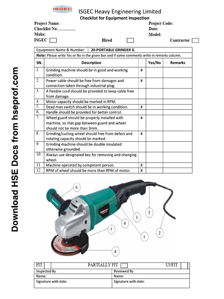 Inspection Checklist of Protable Angle cutting Grinder | PDF