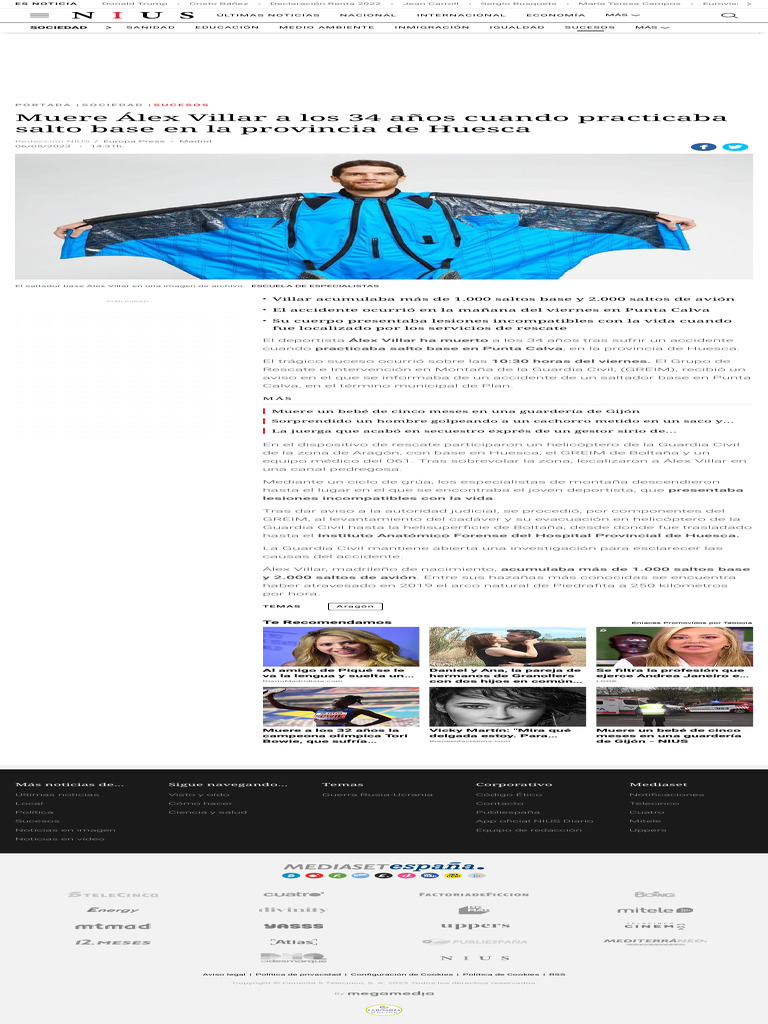 Muere Álex Villar A Los 34 Años Cuando Practicaba Salto Base en La ...