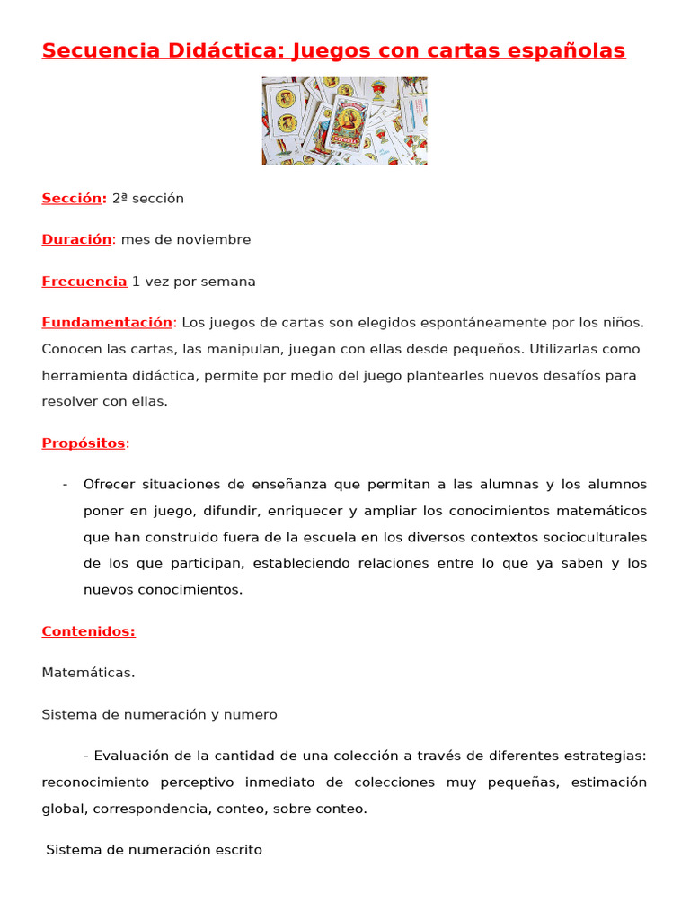 Secuencia Didáctica Cartas Españolas | PDF | Jugando a las cartas ...