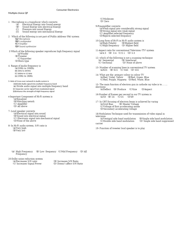 Consumer Electronics MCQ Exam | PDF | Loudspeaker | Computer Engineering