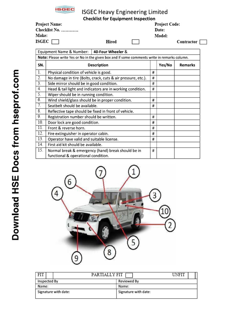 Inspection Checklist of Four Wheeler | PDF