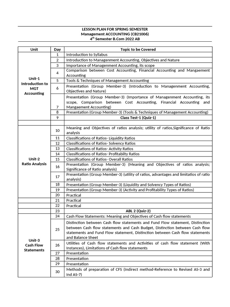 Management Accounting Lession Plan | PDF | Management Accounting | Cash ...