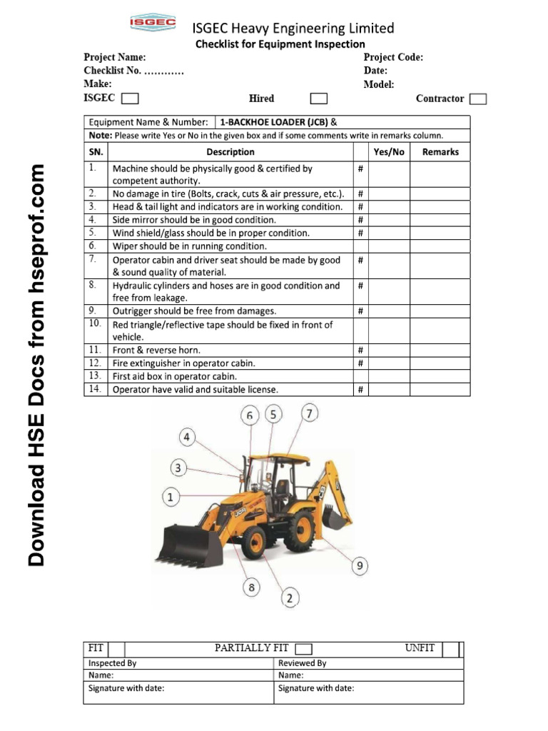 Inspection Checklist of JCB | PDF