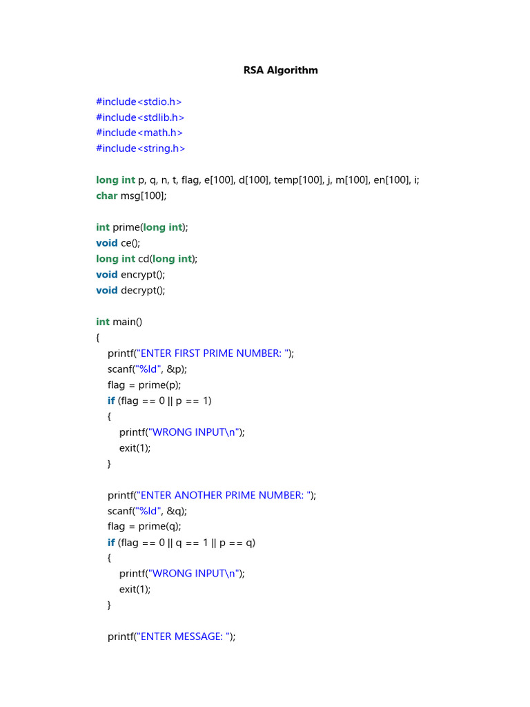RSA Algorithm Implementation in C | PDF | Security Technology ...