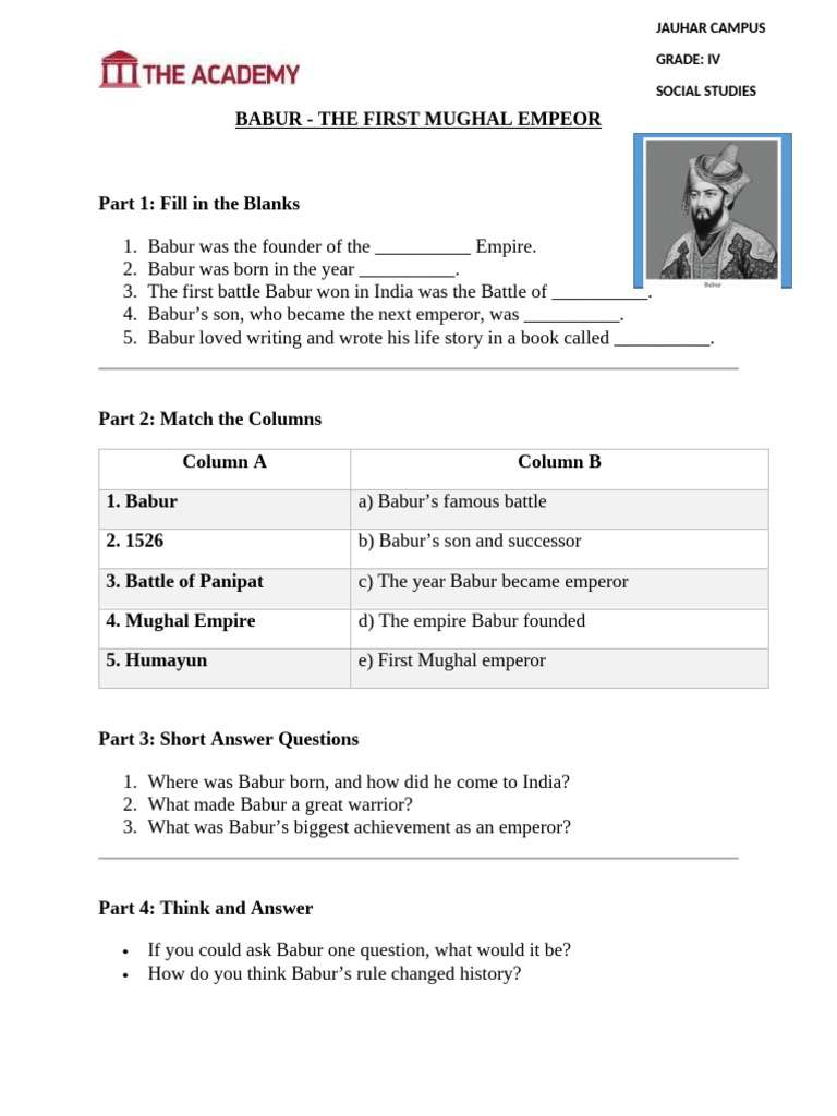Babur Worksheet 4 | PDF