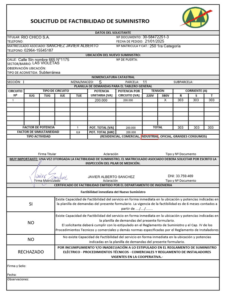 Solicitud de Suministro Eléctrico | PDF | Electricidad | Poder (Física)