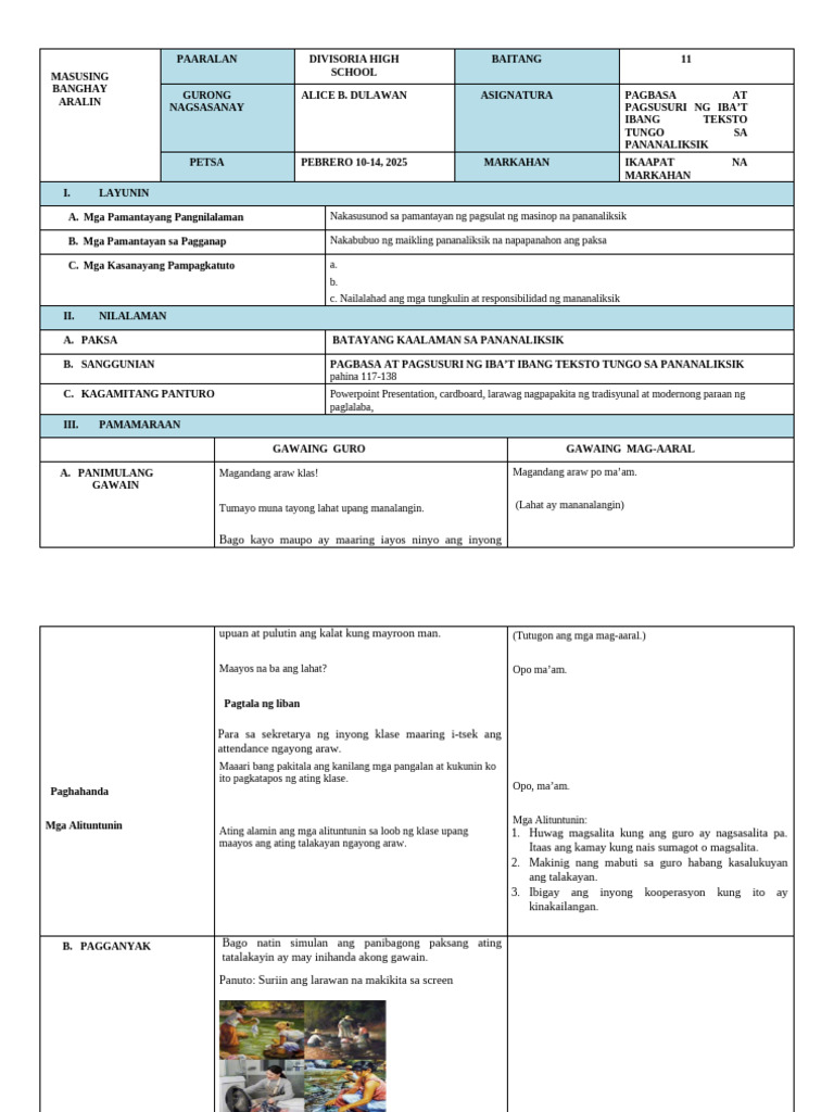 MASUSING BANGHAY ARALIN - Docx Week 1 | PDF