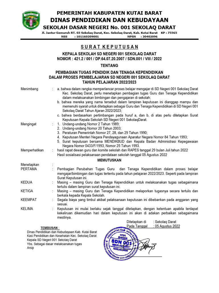 SK Pembagian Tugas 2022 - 2023 | PDF