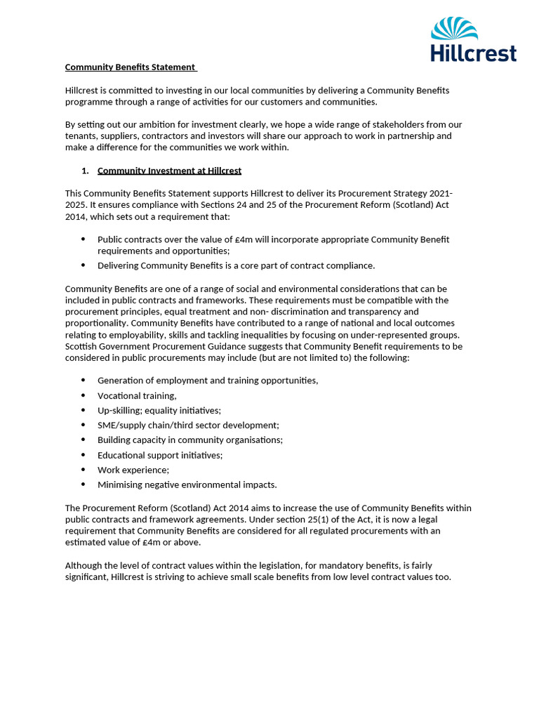 Hillcrest Community Benefits Strategy | PDF | Procurement | Economies