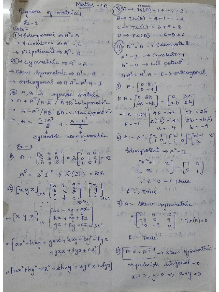 Algebra of Matrices, Determinants, Inverse and Linear Was Ex-1,2 | PDF