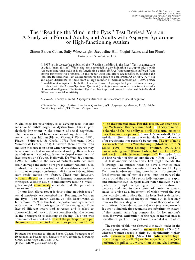 Study 05 - Baron-Cohen Et Al. (Eyes Test) | PDF | Asperger Syndrome ...