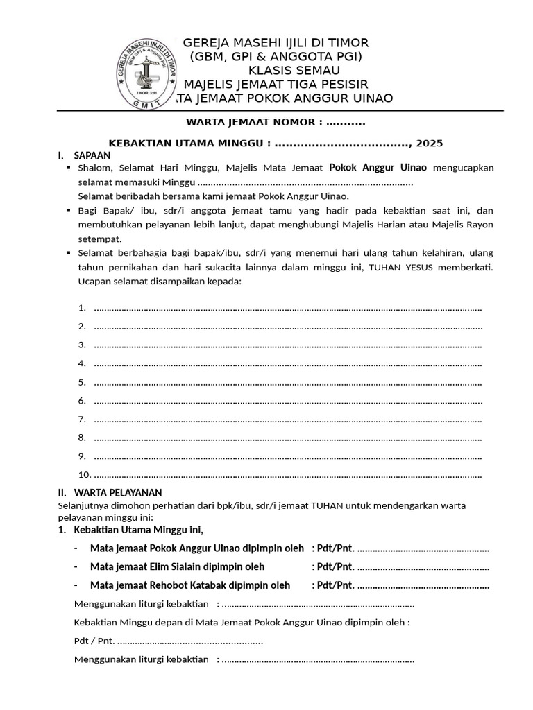 Warta Jemaat Minggu Pokok Anggur Uinao | PDF