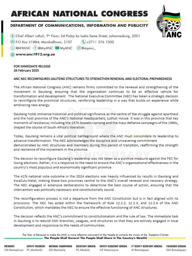 Media Statement_nec Reconfigures Gauteng Structures to Strengthen Renewal and Electoral ...