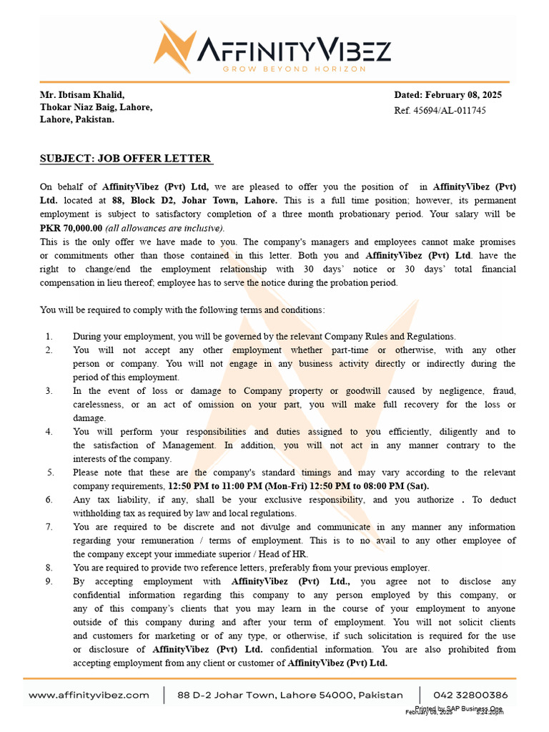 11745-Job Offer Letter | PDF | Employment | Confidentiality