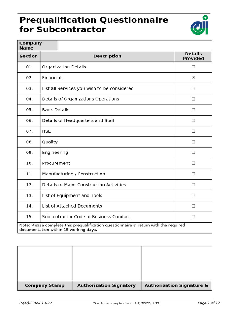 P - (AI) - FRM-013-R2 Prequalification Questionnaire For Subcontractor (Filled) | PDF ...