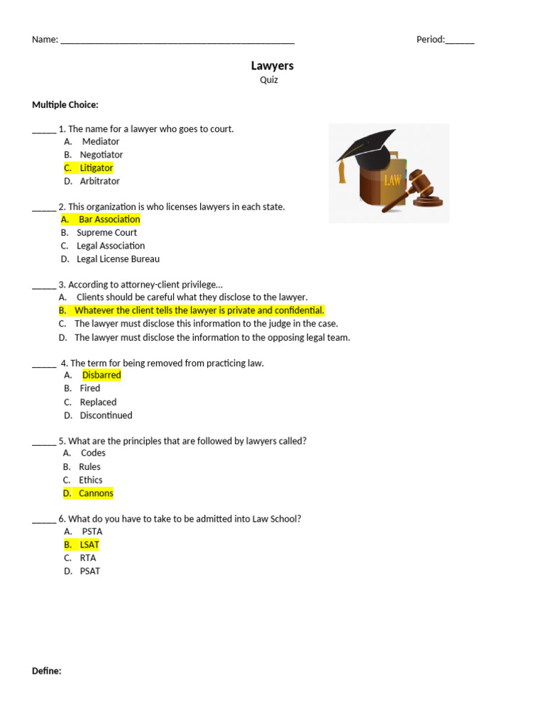 Lawyer Quiz: Multiple Choice & Definitions | PDF | Lawyer | Mediation