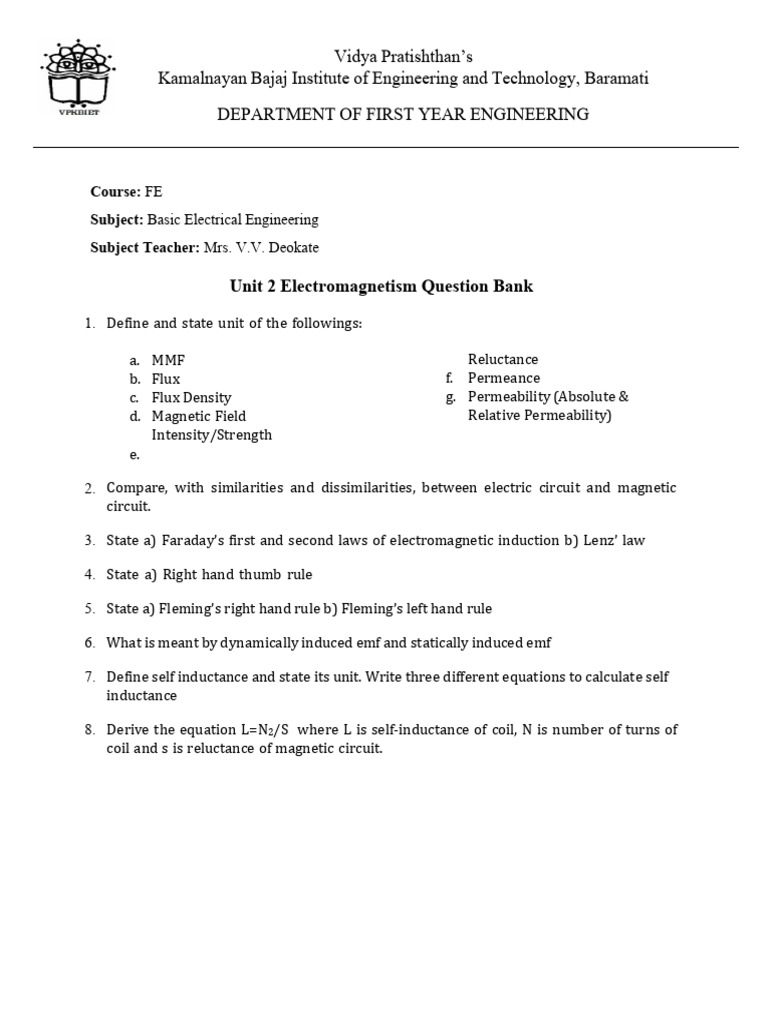 Bee Unit 2 Question Bank | PDF | Inductance | Inductor