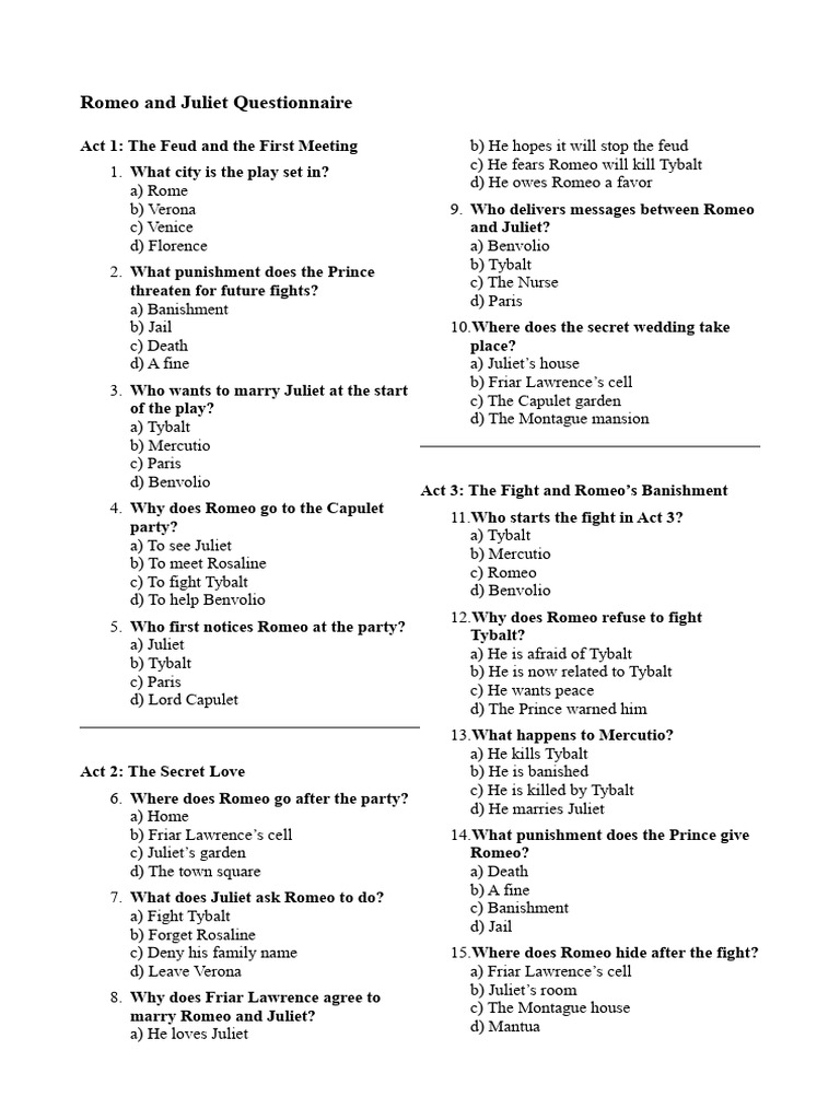 Romeo and Juliet Act Questionnaire | PDF | Characters In Romeo And ...