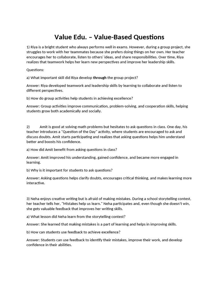 Value-Based Questions for Class 8 | PDF | Leadership | Skill
