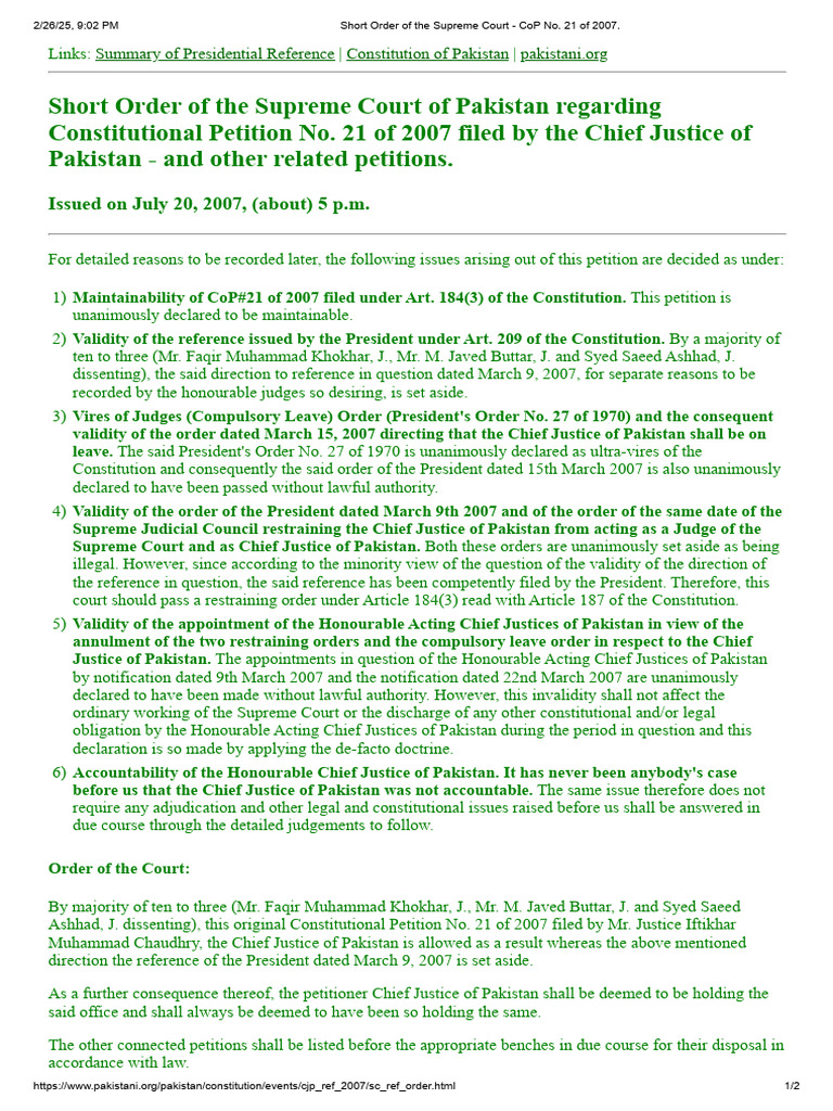Supreme Court Ruling on CJP Reference 2007 | PDF | Supreme Court Of The ...