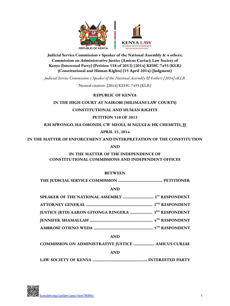 Judicial Service Commission V Speaker of The National Assembly & 8 Others (2014) eKLR | PDF ...