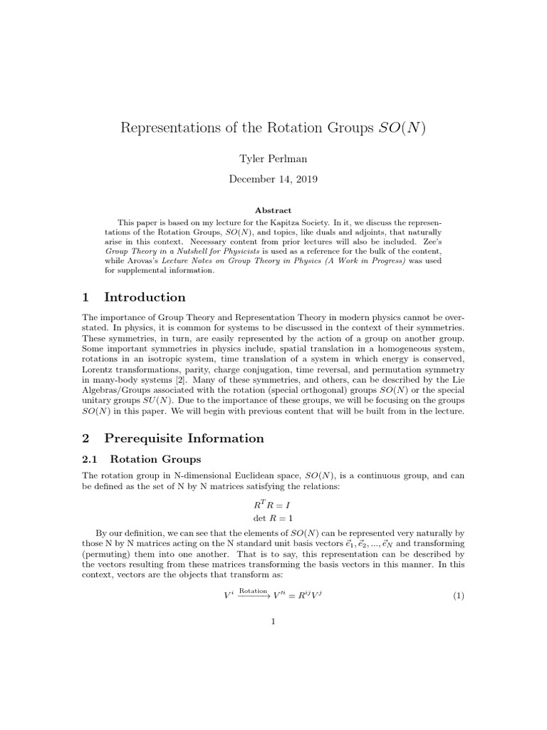 Representations of the Rotation Groups So-n | PDF | Tensor | Representation Theory